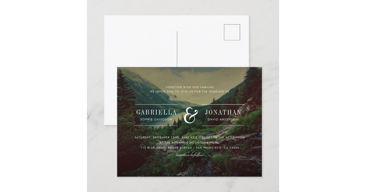 Romantic Pines, Mountains & Lake Wedding Invitation Postcard | Zazzle