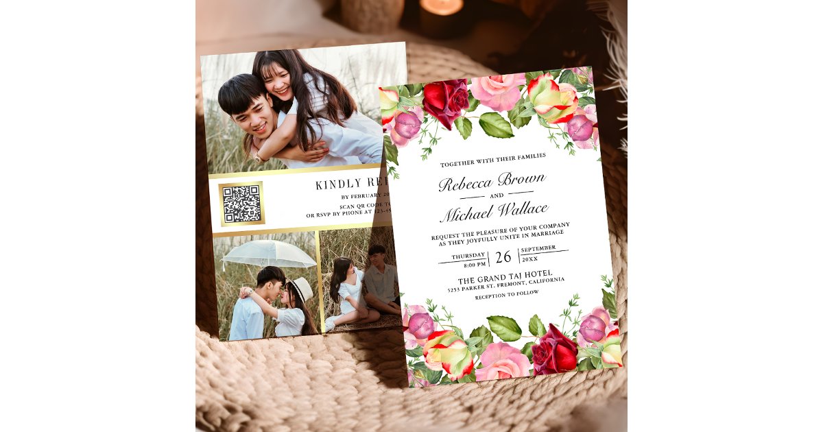 Romantic Pink and Red Roses QR Code Wedding Invitation | Zazzle