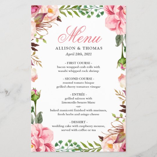 Romantic Pink Floral Border Wedding Menu Card | Zazzle.com