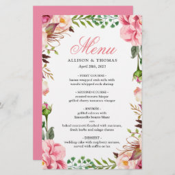 Romantic Pink Floral Border Wedding Menu Card | Zazzle