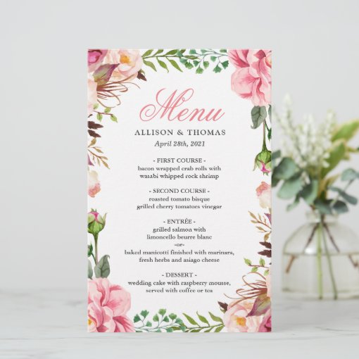 Romantic Pink Floral Border Wedding Menu Card | Zazzle