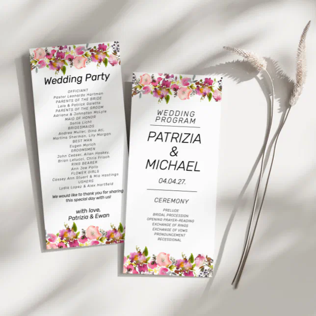 Romantic Pink Floral Borders Wedding Flat Program | Zazzle