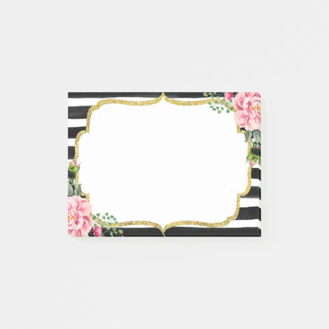 Romantic Pink Floral Watercolor Stripes Gold Frame Post-it Notes | Zazzle
