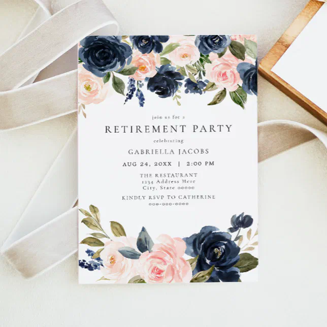 Romantic Pink & Navy Blush Floral Retirement Party Invitation | Zazzle