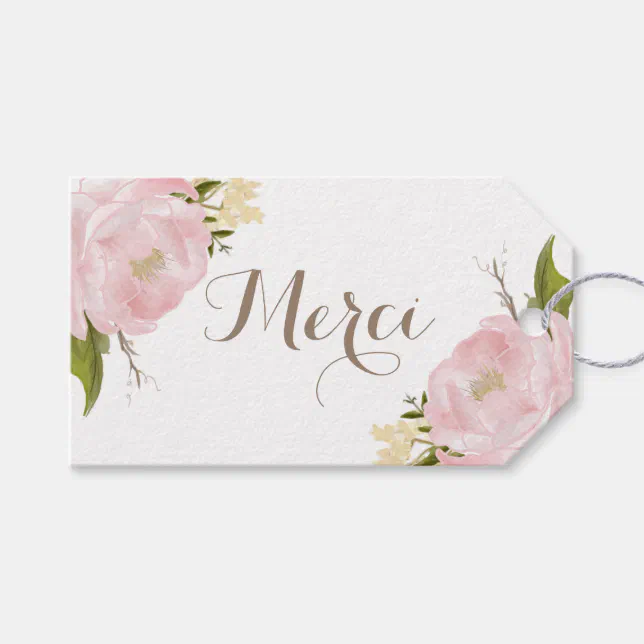 Romantic Pink Peonies Wreath Merci Thank You Gift Tags | Zazzle