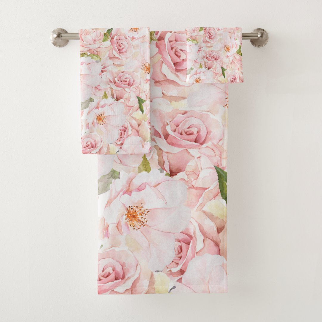 Romantic Pink Rose Bath Towel Set | Zazzle