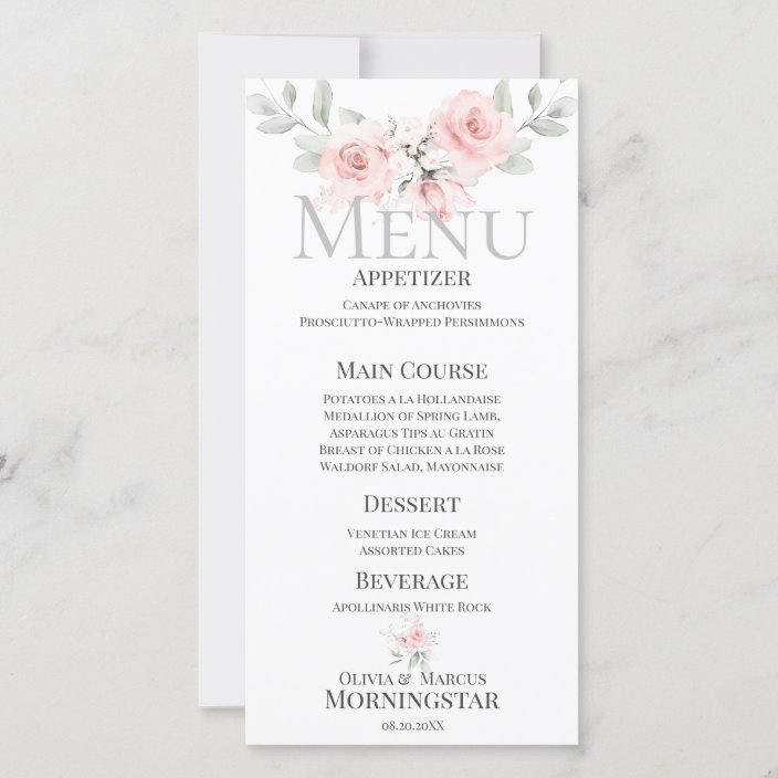Romantic Pink Rose Bouquet Wedding Menu | Zazzle.com