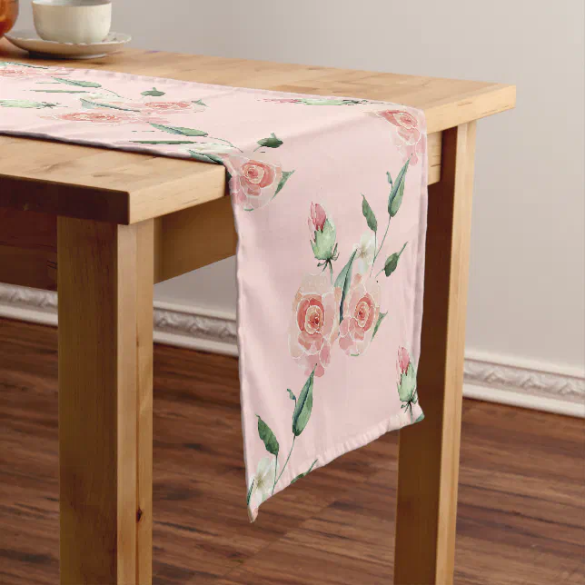 Romantic Pink Rose Garlands Short Table Runner | Zazzle
