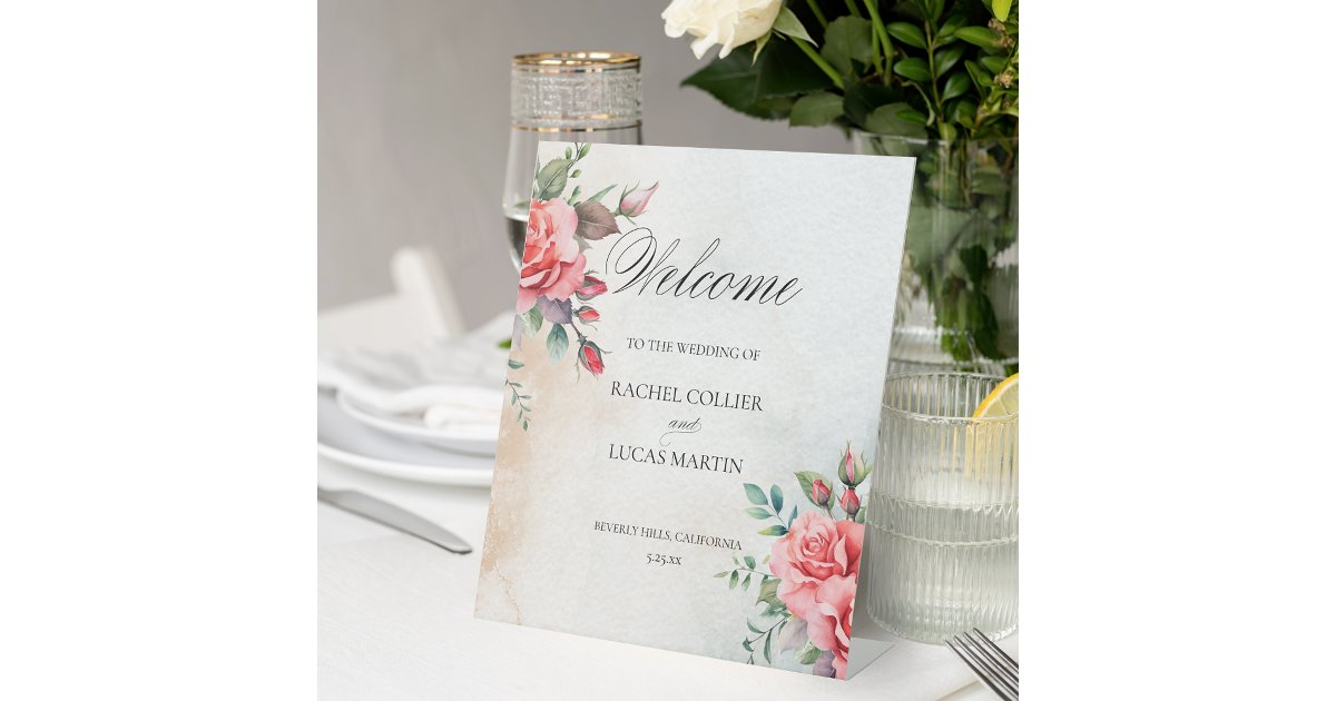 Romantic Pink Roses & Calligraphy Welcome Pedestal Sign | Zazzle