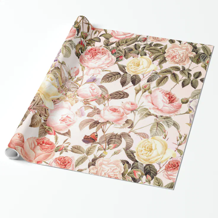 Romantic pink vintage rose flower pattern wrapping paper | Zazzle