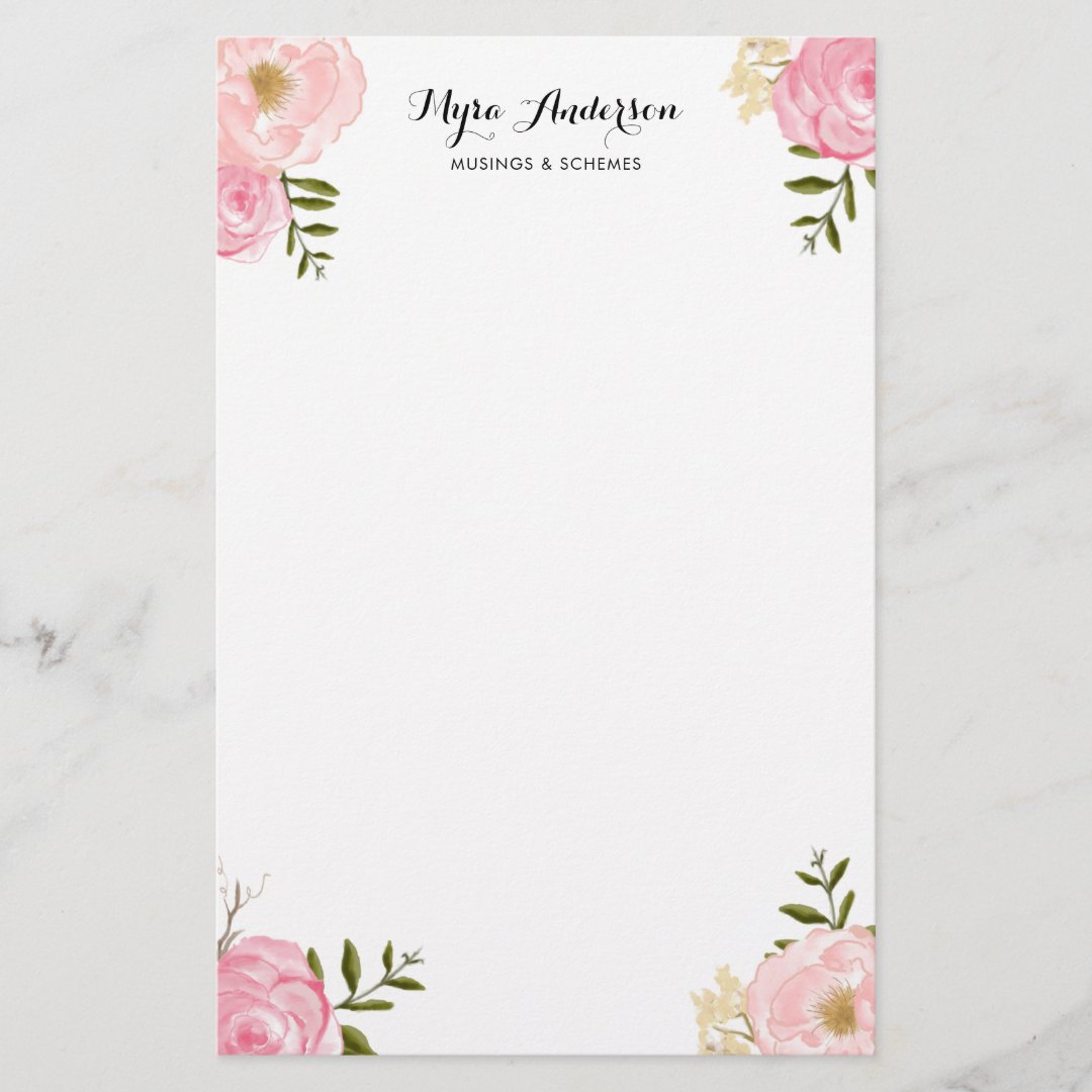 Romantic Pink Watercolor Flowers Personalized Stationery | Zazzle