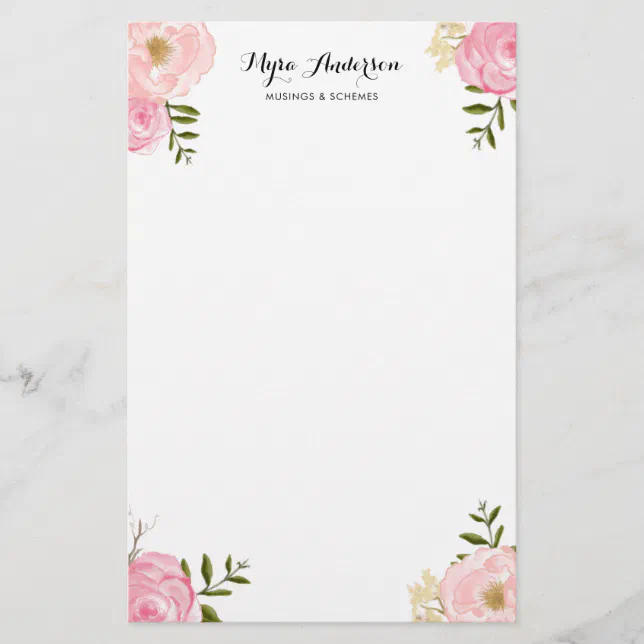 Romantic Pink Watercolor Flowers Personalized Stationery | Zazzle