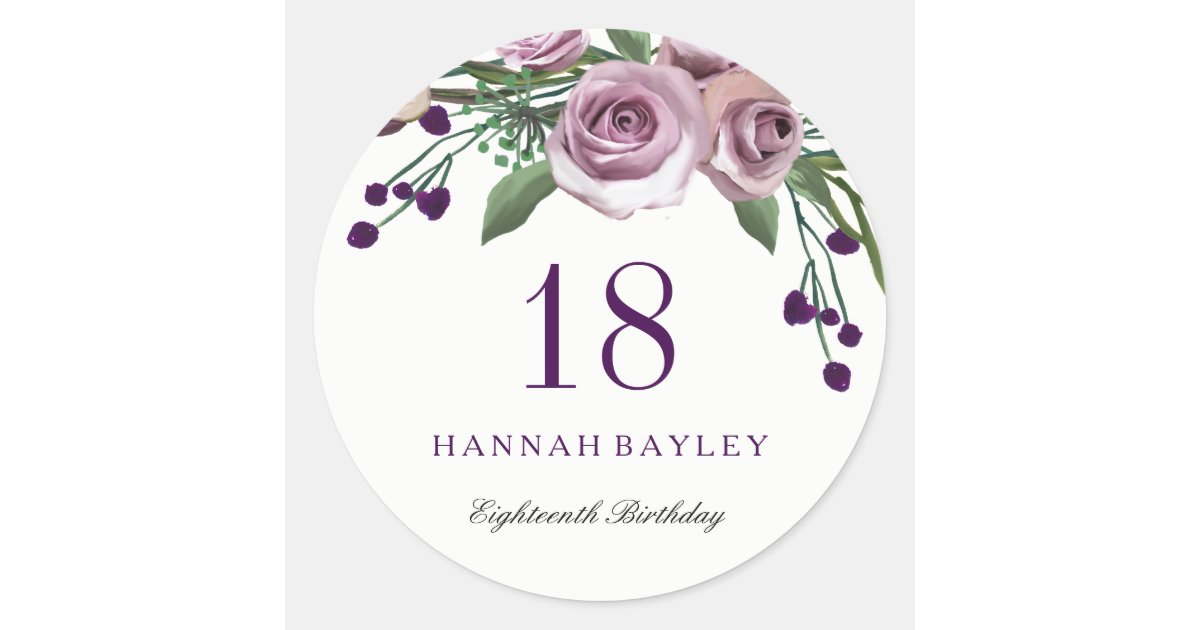 Romantic Plum Purple Rose Floral 18th Birthday Classic Round Sticker ...