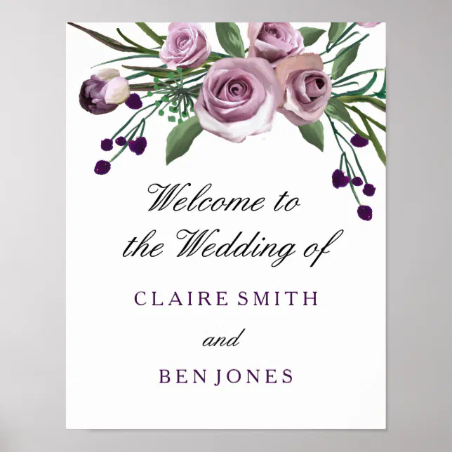 Romantic Plum Purple Rose Floral Wedding Poster | Zazzle