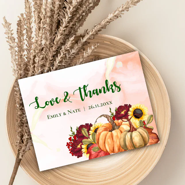 Romantic Pumpkin Autumn Leaves Fall Wedding Thank You Card | Zazzle