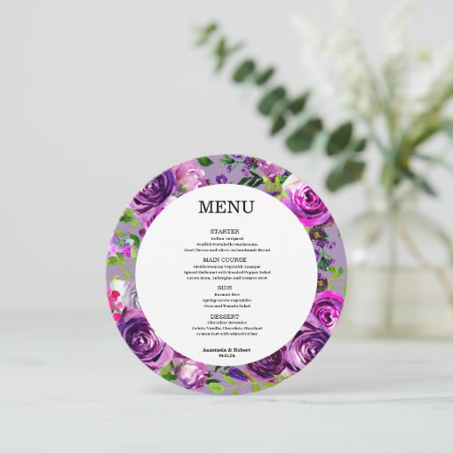 Romantic Purple Floral Round Menu Card | Zazzle