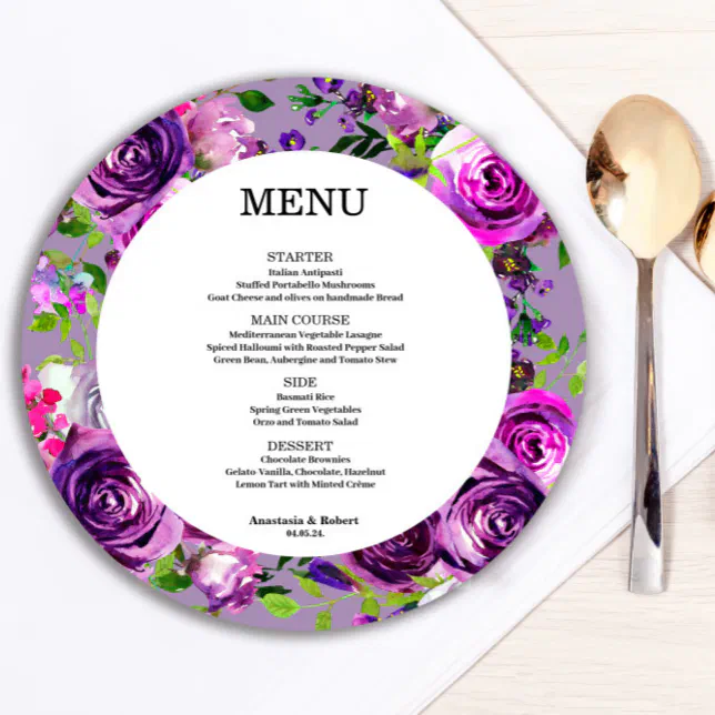 Romantic Purple Floral Round Menu Card | Zazzle