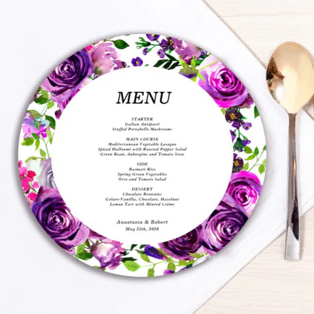 Romantic Purple Floral Round Menu Card | Zazzle