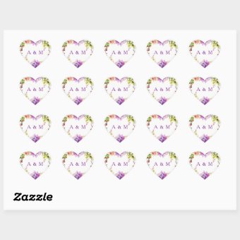 Romantic Purple Floral Wedding Initials Heart Sticker | Zazzle
