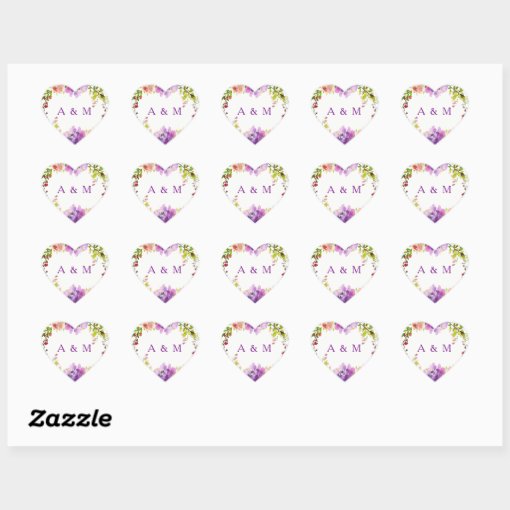 Romantic Purple Floral Wedding Initials Heart Sticker | Zazzle