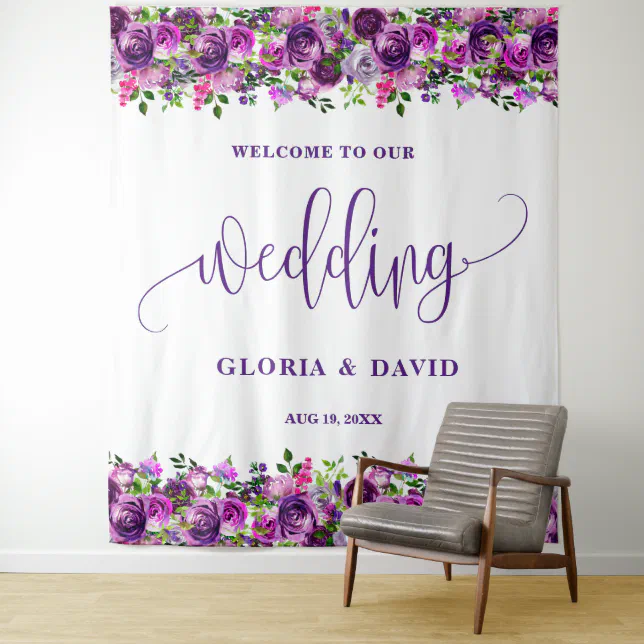 Romantic Purple Floral Wedding Welcome Sign Tapestry | Zazzle