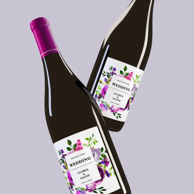 Romantic Purple Floral Wedding Wine Label | Zazzle