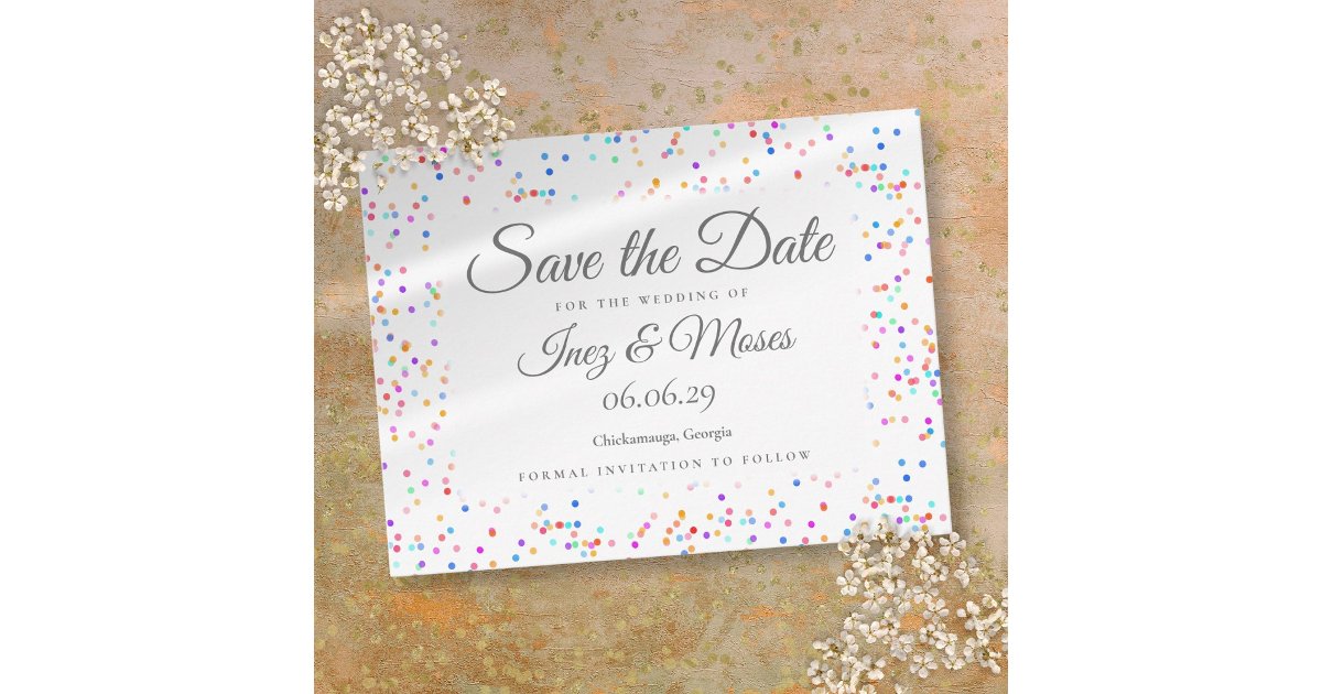 Romantic Rainbow Confetti Save the Date Postcard | Zazzle