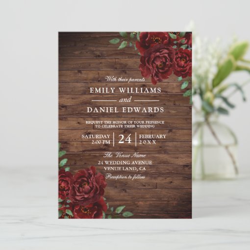 Romantic Red Rose Burgundy Rustic Wood wedding Invitation | Zazzle