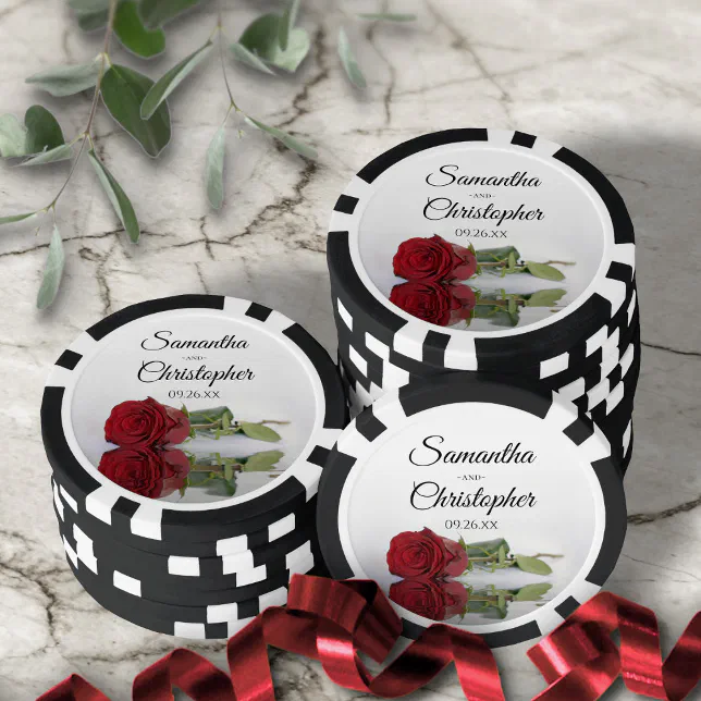 Romantic Red Rose Couple's Names & Wedding Date Poker Chips | Zazzle