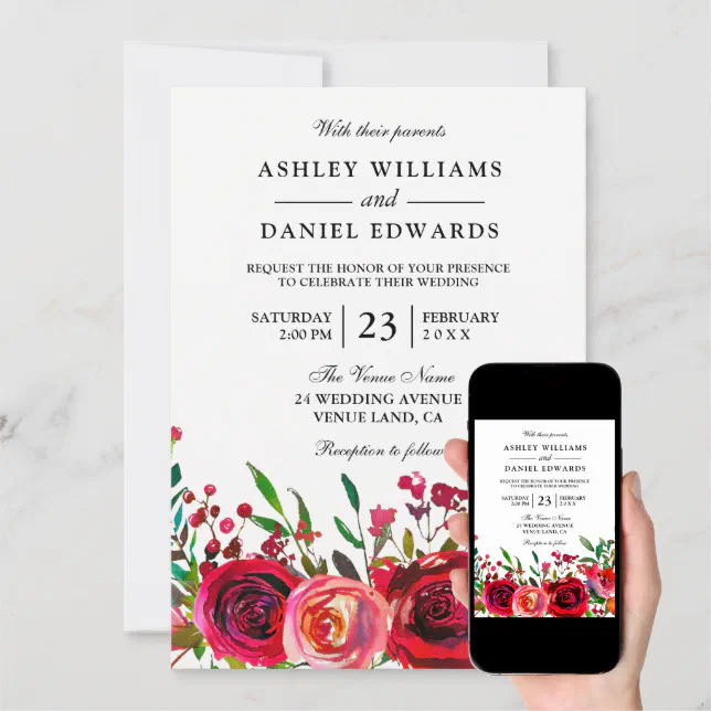 Romantic Red Rose Wedding Invitation | Zazzle