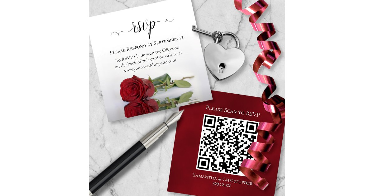 Romantic Red Rose Wedding RSVP QR Code Enclosure Card | Zazzle