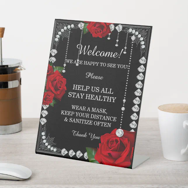 Romantic Red Roses And Diamonds Safety Measures Pedestal Sign | Zazzle