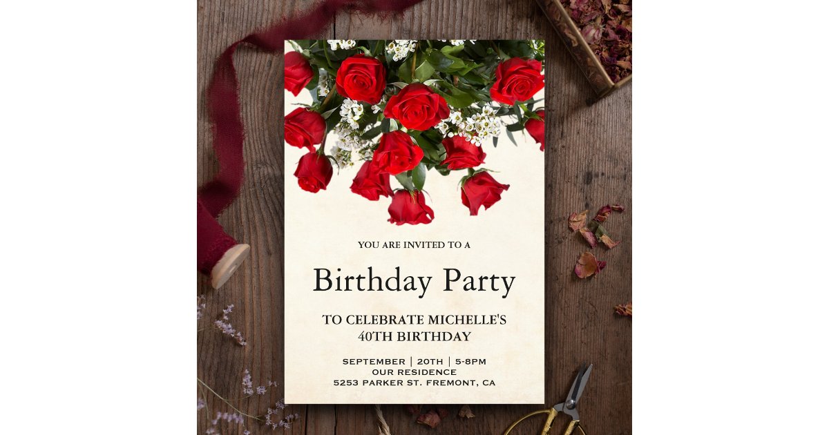 Romantic Red Roses Bouquet Birthday Party Invitation | Zazzle