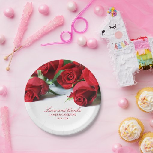 Romantic Red Roses Custom Names Wedding Paper Plates | Zazzle