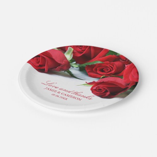 Romantic Red Roses Custom Names Wedding Paper Plates | Zazzle