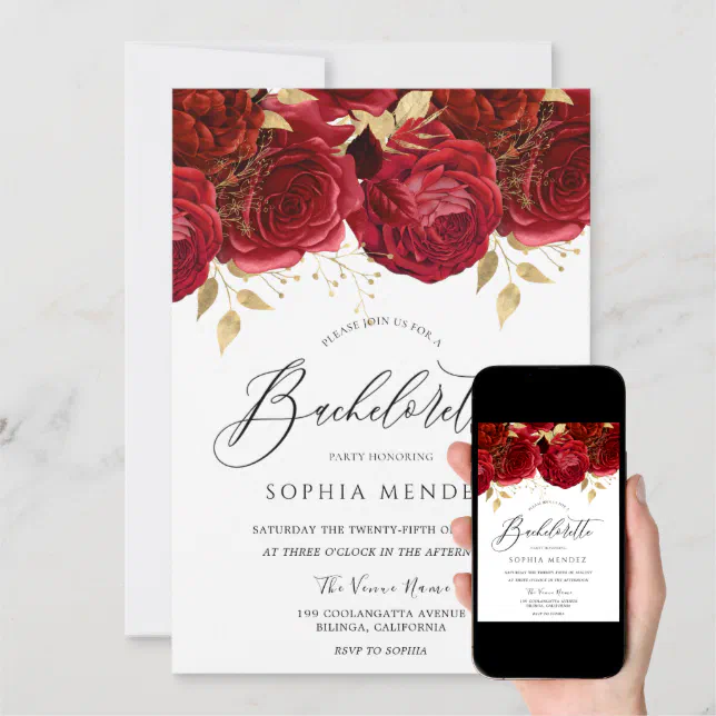 Romantic Red Roses Elegant Bachelorette Party Invitation | Zazzle