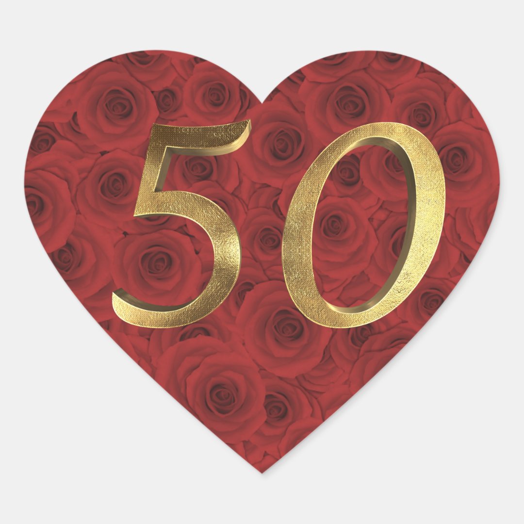 Romantic Red Roses Floral Heart Golden Number 50 Heart Sticker | Zazzle