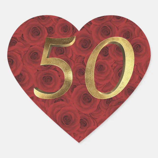 Romantic Red Roses Floral Heart Golden Number 50 Sticker | Zazzle