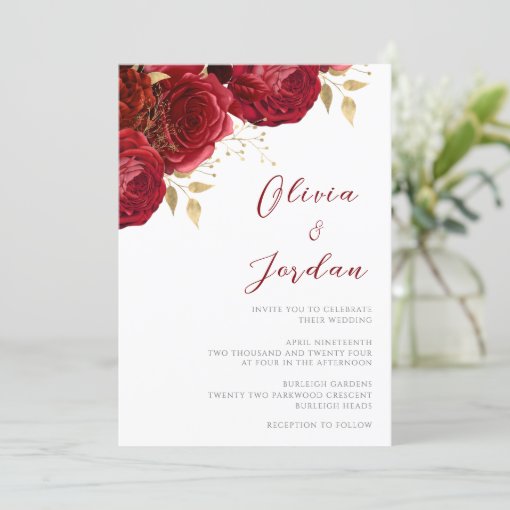 Romantic Red Roses & Gold Wedding Invitation | Zazzle