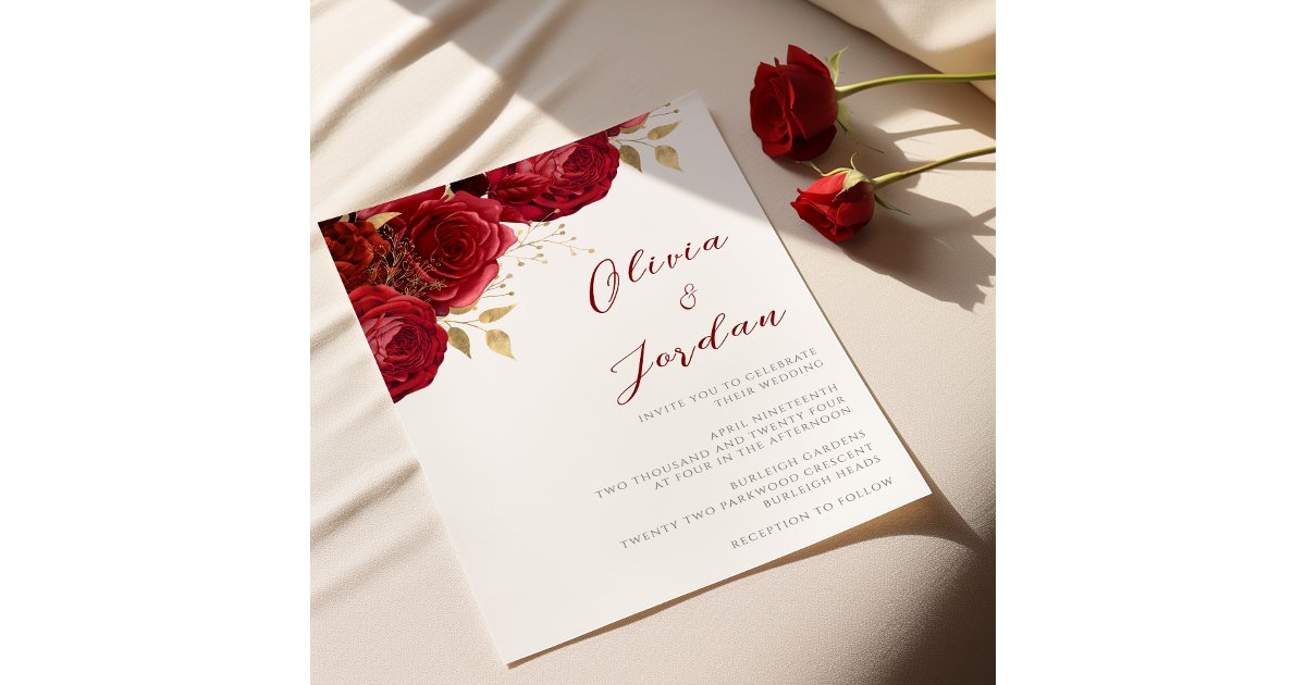 Romantic Red Roses & Gold Wedding Invitation | Zazzle