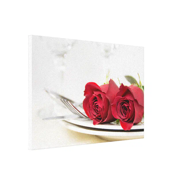 romantic red roses on dinner plate canvas print | Zazzle