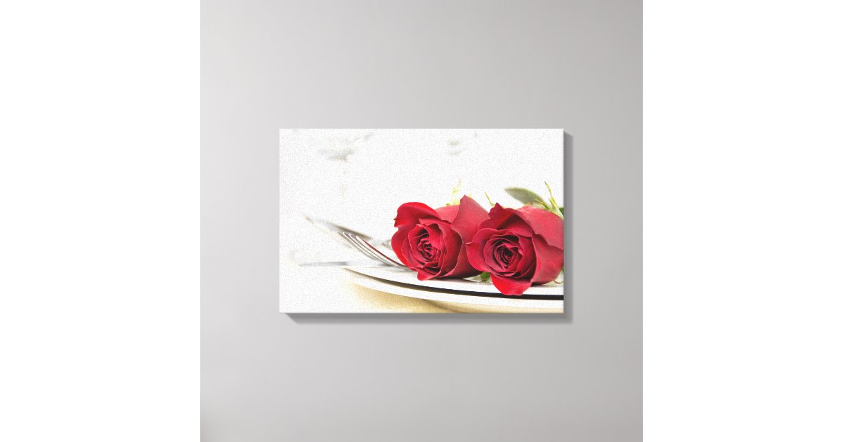 romantic red roses on dinner plate canvas print | Zazzle