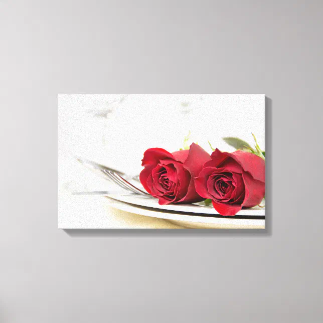romantic red roses on dinner plate canvas print | Zazzle