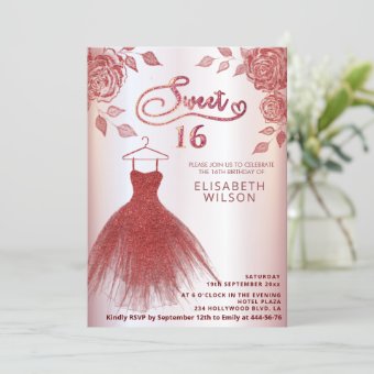 Romantic Red roses red glitter dress Invitation | Zazzle