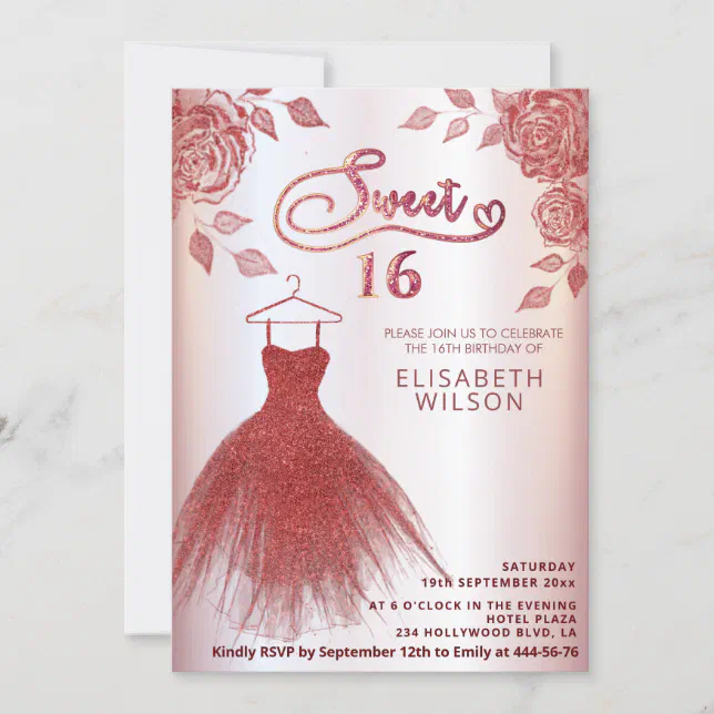 Romantic Red roses red glitter dress Invitation | Zazzle