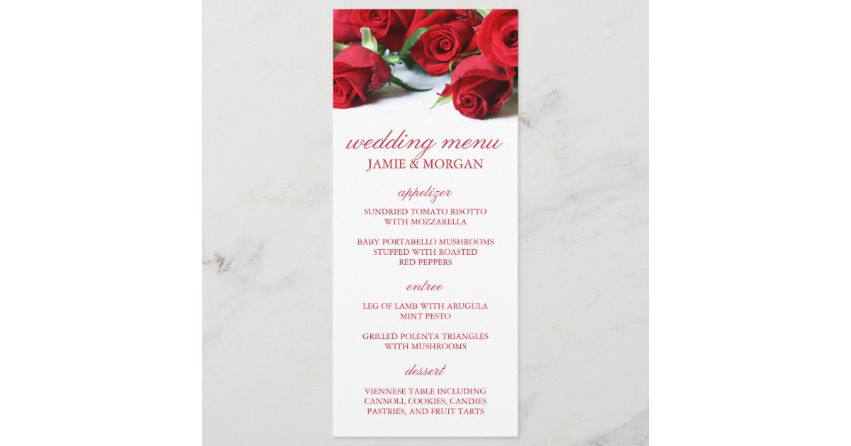 Romantic Red Roses Wedding Menu | Zazzle