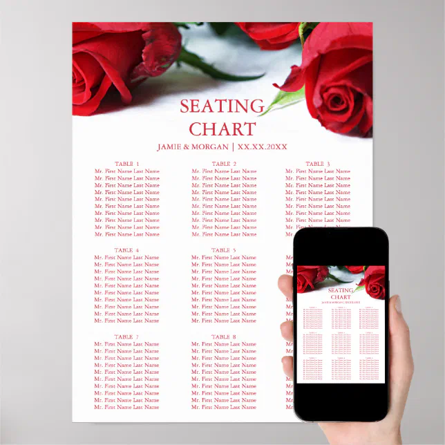 Romantic Red Roses Wedding Seating Chart | Zazzle