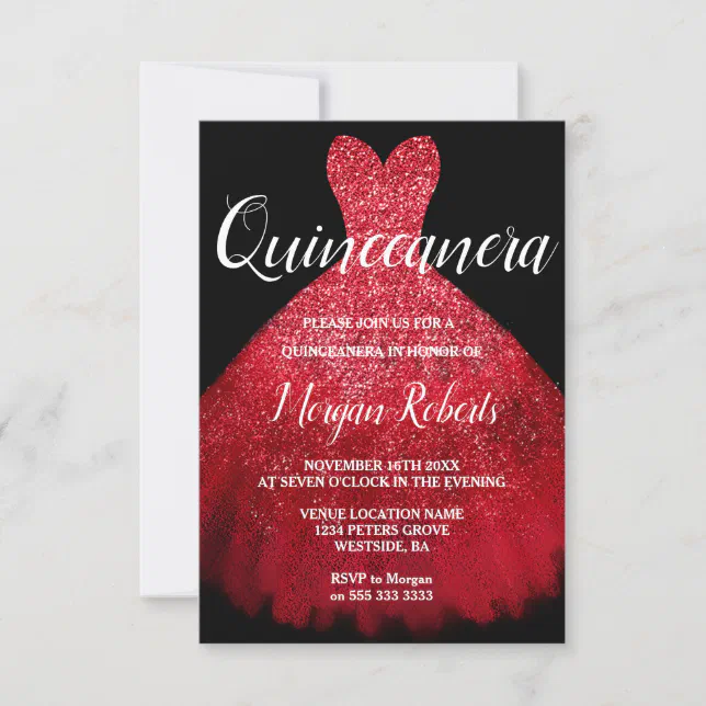 Romantic Red Sparkle Dress Quinceanera 15th Party Invitation | Zazzle