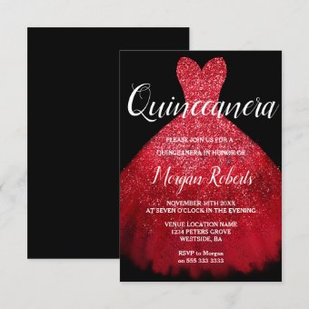 Romantic Red Sparkle Dress Quinceanera 15th Party Invitation | Zazzle