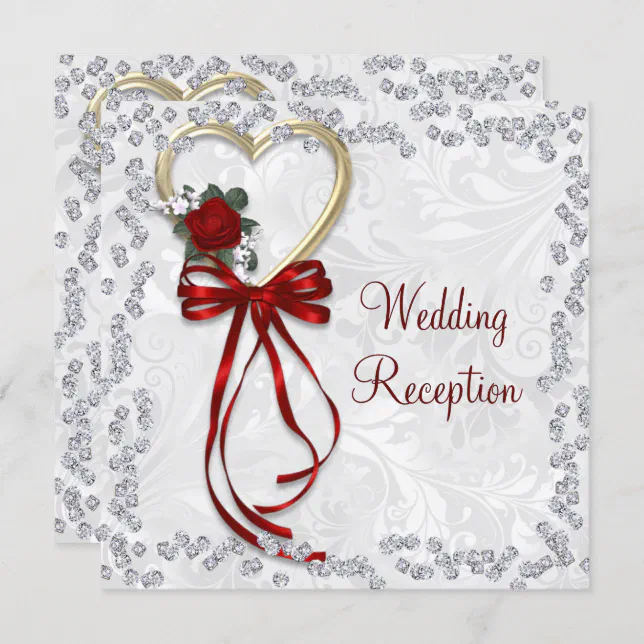 Romantic Rose, Diamonds & Red Ribbon Wedding Invitation | Zazzle